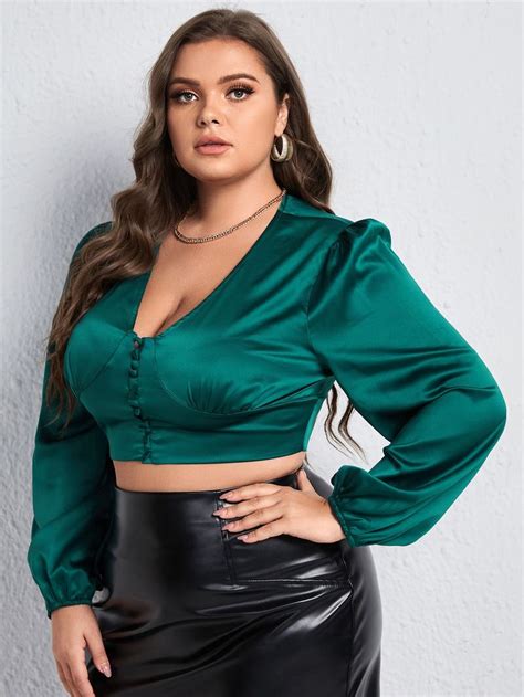 Plus Deep V Neck Puff Sleeve Crop Blouse Curvy Women Fashion Plus Size Outfits Curvy Tops