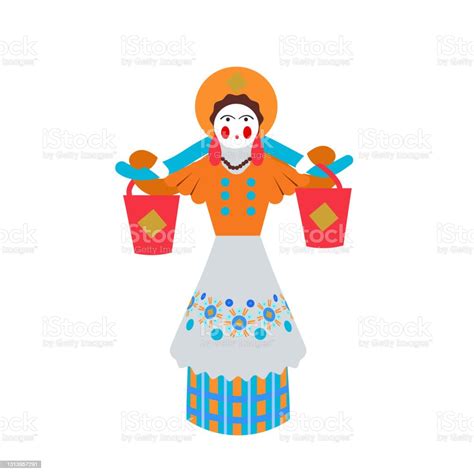흰색 배경에 고립 된 국가 러시아 Dymkov 장식의 로커에 양동이를 가진 벡터 장난감 여성 러시아 민속 공예 플랫 만화 스타일의 러시아 장난감의 그림 0명에 대한 스톡