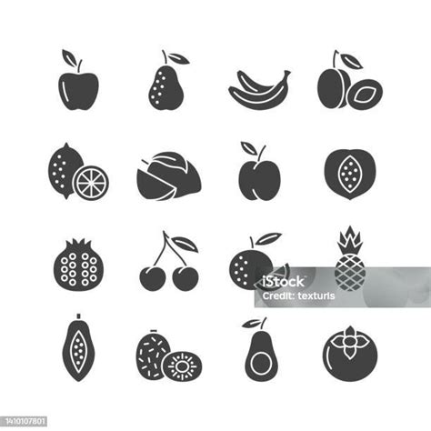 과일 글리프 아이콘 세트 사과 배 바나나 파인애플 레몬 오렌지 체리의 평평한 상징 0명에 대한 스톡 벡터 아트 및 기타 이미지