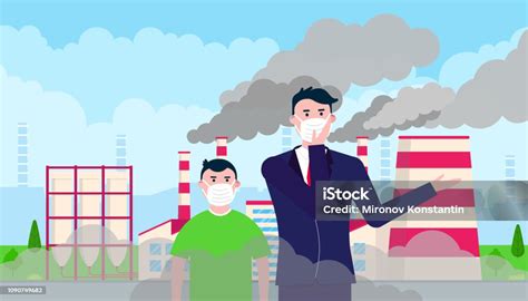 혼란된 남자 고 스모그에 대 한 Massk를 착용 하는 소년입니다 미세 먼지 대기오염 산업 스모그 보호 개념 평면 스타일 디자인 벡터 일러스트 레이 션 연기의 거 대 한