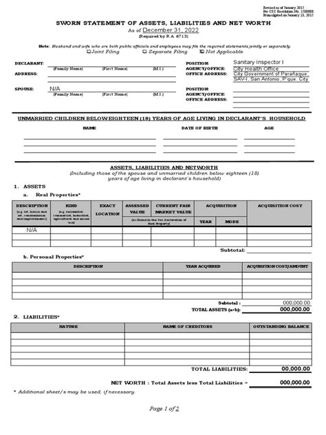 Saln Template 2022 Pdf Net Worth Economies