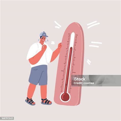 더위와 땀에 젖은 유지 온도로 고통받는 남자의 벡터 그림 더운 여름날 계절에 대한 스톡 벡터 아트 및 기타 이미지 계절 규모 기상학 Istock