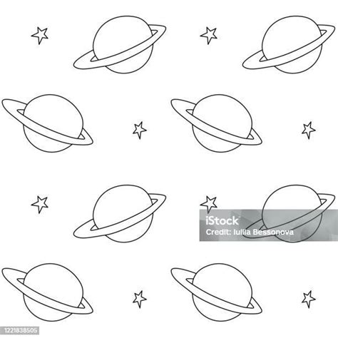 베이비 스페이스 원활한 패턴 만화는 행성 토성과 별을 윤곽 벡터 우주 배경과 질감 키즈 디자인 직물 포장 벽지 직물 의류 색칠 공부 0명에 대한 스톡 벡터 아트 및 기타