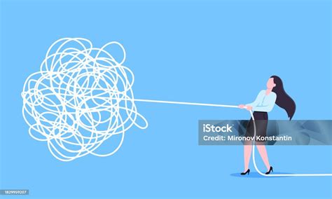 얽히고설킨 어려운 문제 엉망 비즈니스 개념 플랫 스타일 디자인 벡터 일러스트 레이 션으로 비즈니스 혼돈 과정을 풀어냅니다 개념에 대한 스톡 벡터 아트 및 기타 이미지