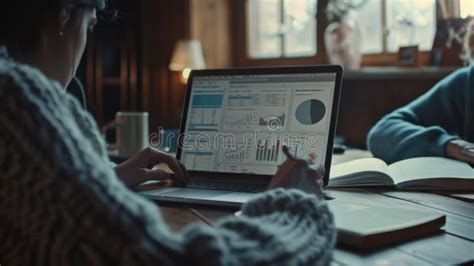 Professionals Are Analyzing Data On A Laptop Screen Which Displays Various Colorful Graphs And