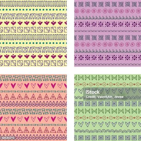 원활한 벡터 패턴의 집합입니다 손으로 그린 도형 삼각형 원 점 선 간단한 그래픽 디자인으로 다채로운 기하학적 끝 없는 배경 반복 장식적인 장식입니다 0명에 대한 스톡 벡터