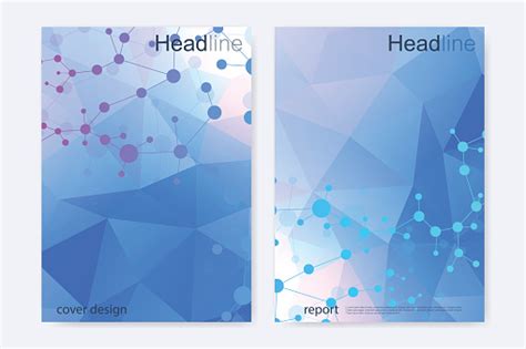 과학적인 브로셔 디자인 서식 파일입니다 벡터 전단지 레이아웃 연결된 라인 및 점 분자 구조 잡지 전단지 커버 포스터 디자인 요소와의 과학적인 패턴 원자 Dna 0명에 대한