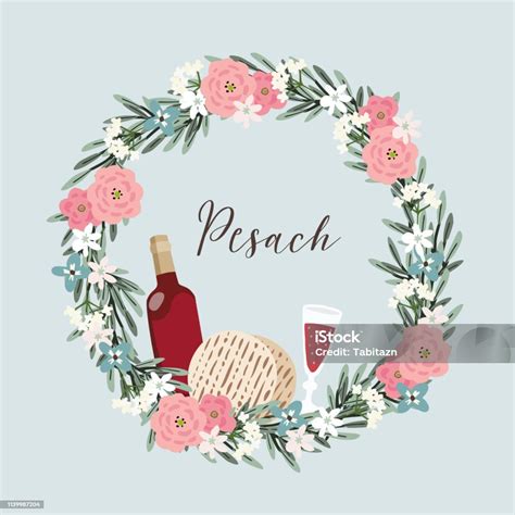 유대인의 휴일 Pesach 유월 절 인사말 카드 손으로 그린 꽃 화 환 와인의 병 유리 집을 빵 올리브 가지와 꽃 코 셔 음식과 음료 벡터 일러스트 레이 션 배경입니다