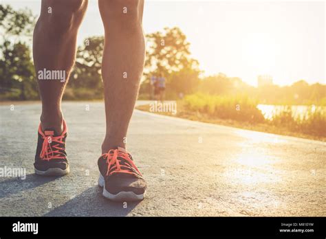 Man Workout Wellness Concept Close Up Runner Feet With Sneaker Shoe