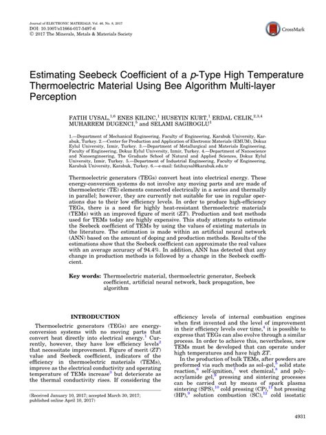 Pdf Estimating Seebeck Coefficient Of A P Type High Temperature