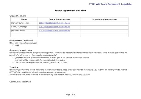 Group Agreement Template Copy STEM WIL Team Agreement Template Group Agreement And Plan