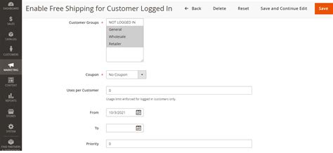 Magento 2：向特定客户群免运费