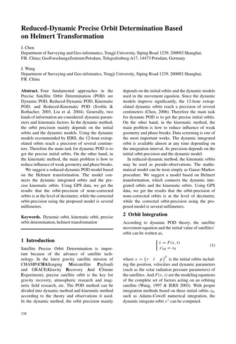 Pdf Reduced Dynamic Precise Orbit Determination Based On Helmert Transformation Hm