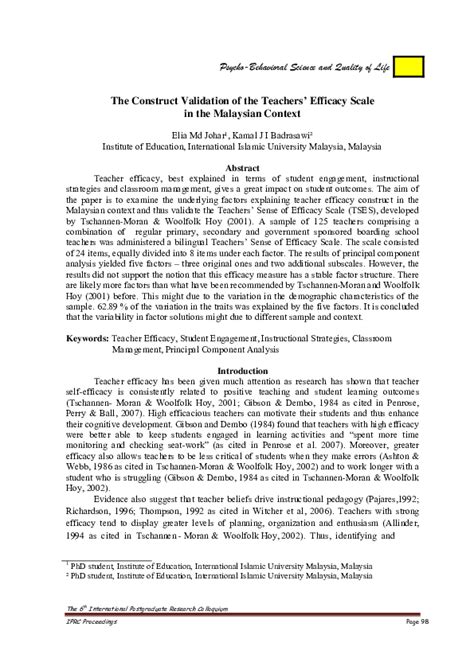 Pdf The Construct Validation Of The Teachers Efficacy Scale In The Malaysian Context