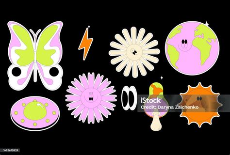 70년대 레트로 히피 스티커 사이키델릭한 그루비 요소 만화 펑키 버섯 꽃 나비 비행 접시 1970 1979 년에 대한 스톡 벡터 아트 및 기타 이미지 Istock