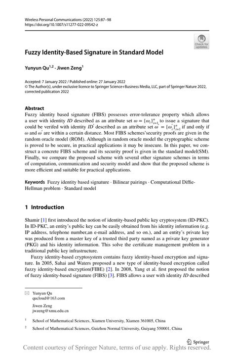 Fuzzy Identity Based Signature In Standard Model Request PDF
