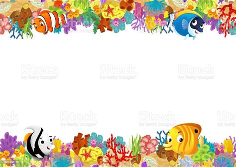 산호초와 행복한 물고기들이 아이들을 위한 고립된 그림 근처에서 수영하는 만화 장면 갑각류에 대한 스톡 벡터 아트 및 기타 이미지 갑각류 거북이 기포 Istock