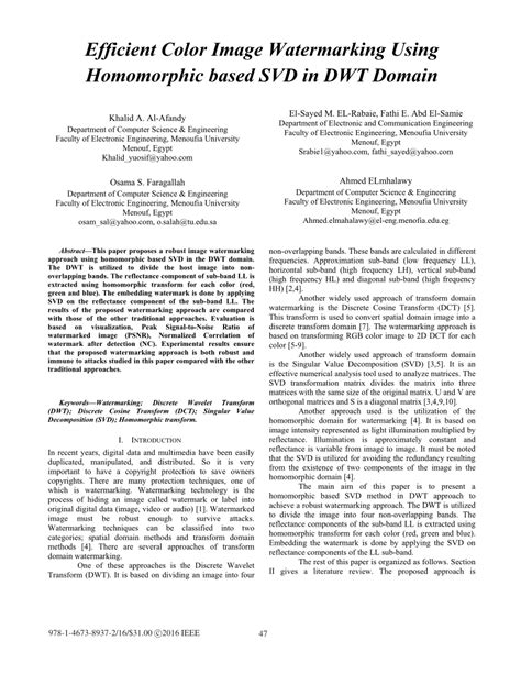 Pdf Efficient Color Image Watermarking Using Homomorphic Based Svd In Dwt Domain