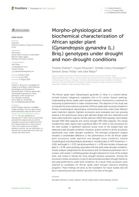 Pdf Morpho Physiological And Biochemical Characterization Of African Spider Plant