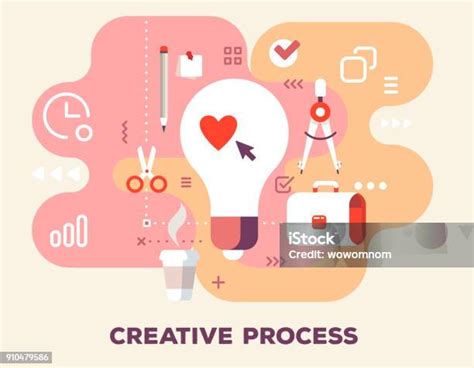 오피스와 창작 과정 제목와 분홍색 배경에 개념을 제공합니다 벡터의 큰 전구 컵 커피 연필 편지지와 아이콘의 컬러 일러스트 가위에 대한 스톡 벡터 아트 및 기타 이미지