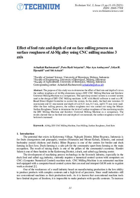 Pdf Effect Of Feed Rate And Depth Of Cut On Face Milling Process On Surface Roughness Of Al Mg