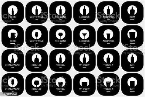 맥주 레드 화이트 와인 리큐어 압생트 럼 샴페인 코냑 보드카 위스키 테킬라 진 마시다 0명에 대한 스톡 벡터 아트 및 기타