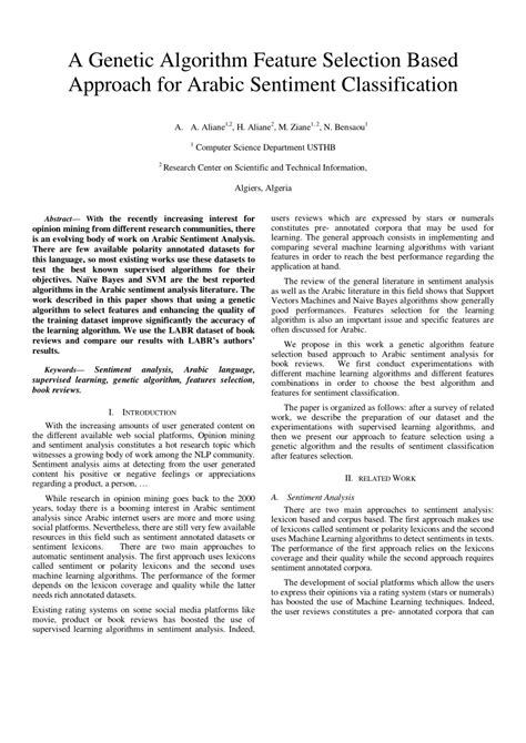 Pdf A Genetic Algorithm Feature Selection Based Approach For Arabic Sentiment Classification