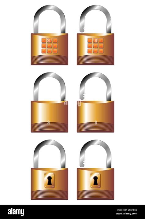 Different Opened And Closed Padlocks Over White Background Stock Vector