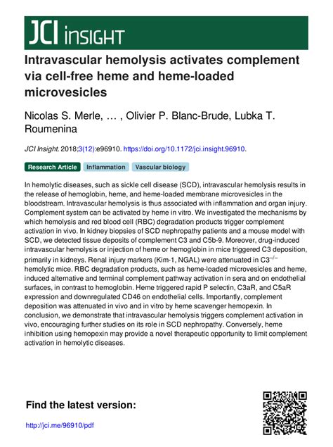 Pdf Intravascular Hemolysis Activates Complement Via Cell Free Heme