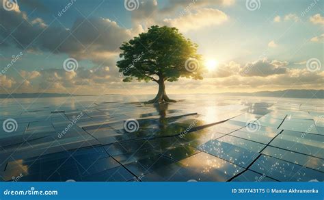 The Tree Grew Through The Solar Panels Covering The Ground Ecology And Technology Concept Stock