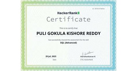Gokula Kishore Reddy Puli On Linkedin Hackerrank Skill Certificate