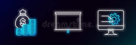 Set Line Computer Monitor With Graph Chart Money Bag And Coin And Chalkboard Icon Glowing Neon