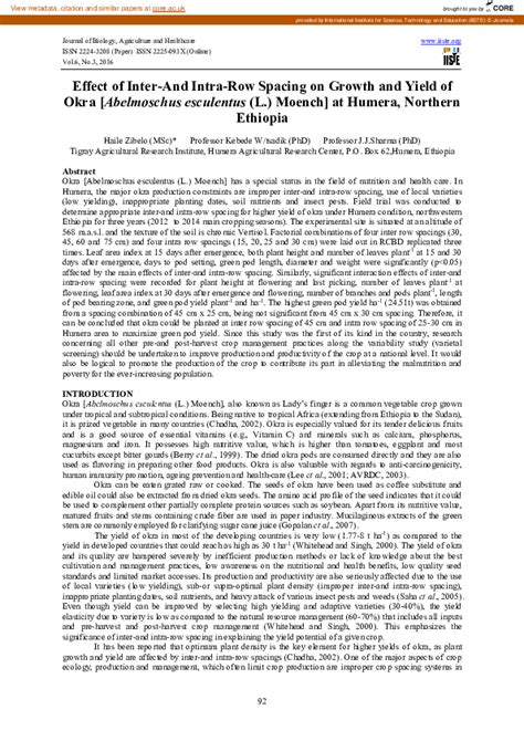 Pdf Effect Of Inter And Intra Row Spacing On Growth And Yield Of Okra Abelmoschus Esculentus