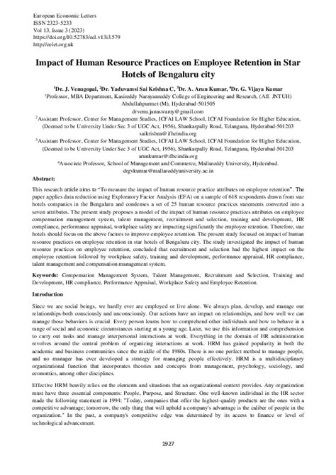 Pdf Impact Of Human Resource Practices On Employee Retention In Star Hotels Of Bengaluru City