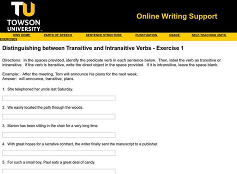 Towson University Distinguish Between Transitive Intransitive Verbs Exercise 1 Unknown Type