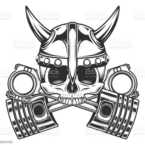 뿔이 달린 바이킹 헬멧에 턱이 없는 바이커 두개골 교차 엔진 피스톤 서비스 수리 오토바이 자동차 및 트럭 사업은 빈티지 흑백 격리 벡터 일러스트레이션으로 제공됩니다 건설