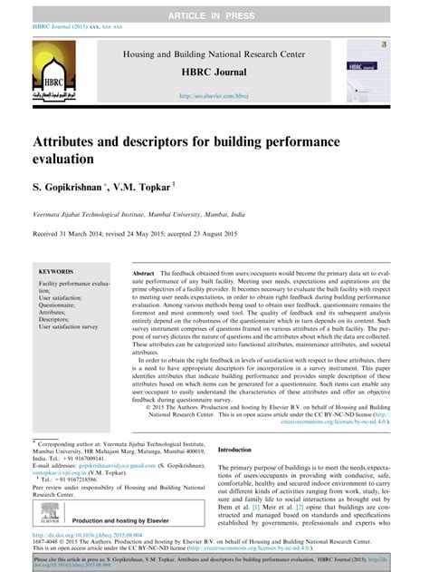 PDF Attributes And Descriptors For Building Performance Evaluation