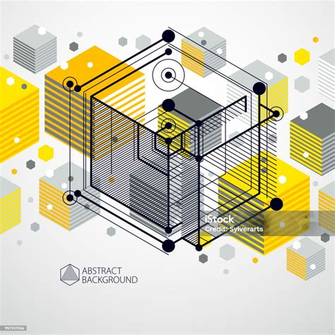 아이소메트릭 추상적인 선형 차원 큐브 모양으로 노란 배경 3d 메쉬 요소 벡터 큐브 육각형 사각형 사각형 및 다른 추상 요소 레이아웃 0명에 대한 스톡 벡터 아트 및 기타
