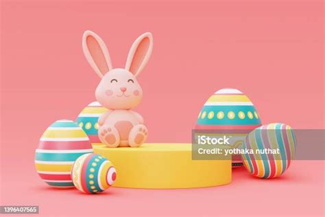 화려한 부활절 달걀과 연단 행복한 부활절 휴일 Conceptminimal 작풍 3d 렌더링을 가진 부활절 토끼 4월에 대한 스톡 사진 및 기타 이미지 Istock