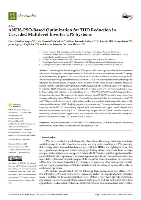 Pdf Anfis Pso Based Optimization For Thd Reduction In Cascaded Multilevel Inverter Ups Systems