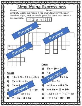 Simplifying Expressions Crossword Puzzle TPT