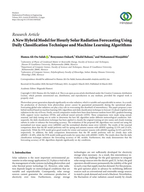 Pdf A New Hybrid Model For Hourly Solar Radiation Forecasting Using