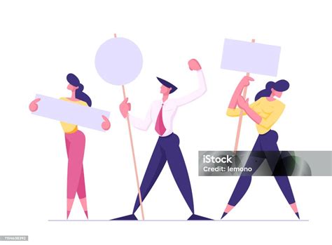 데모 휴일 축 하 축제 남성과 여성 캐릭터에 현수막을 가진 사람들은 빈 투표 배너와 표지판을 들고 있습니다 투표 항의 시민 만화 평면 벡터 일러스트 개념에 대한 스톡 벡터