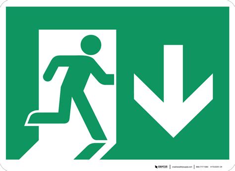 Green Emergency Exit Arrow Down Icon Rectangular Floor Sign