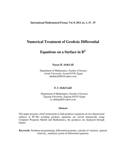 2013 Numerical Treatment Of Geodesic Differential Equations On A Surface Pdf Geometry