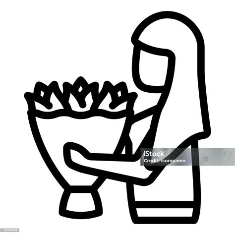 선물 튤립 꽃 라인 아이콘 어머니의 날 개념과 함께 엄마 벡터 그래픽입니다 여자와 꽃다발 흰색 배경 스타일 모바일 또는 디자인에 서명합니다 검은색에 대한 스톡 벡터 아트 및