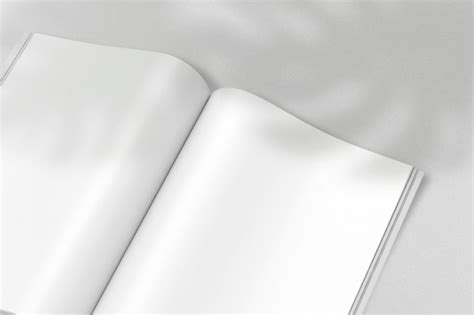 문구류 및 브랜딩 Mockup 템플릿 격리된 밝은 회색 배경 및 잎 그림자 오버레이 3d 렌더링을 위한 현실적인 상단 보기 덮개 및 열린 세로 A4 또는 A5 잡지 또는