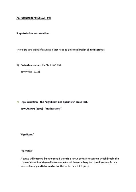 Causation Lecture Notes Causation In Criminal Law Steps To Follow On Causation There Are Two