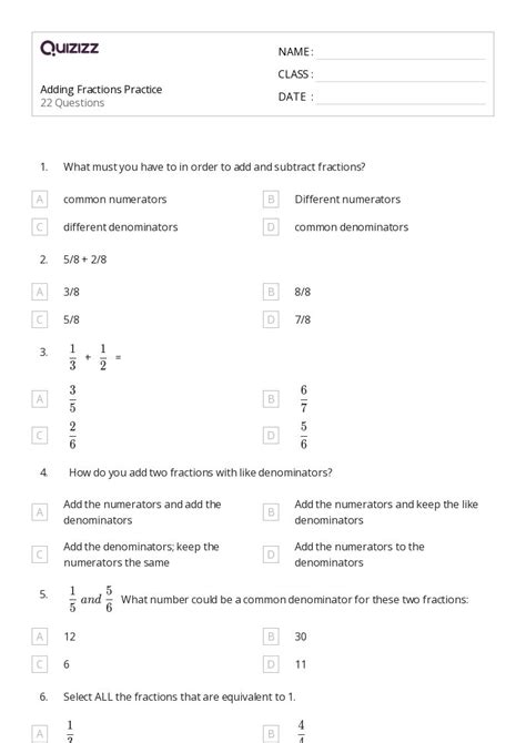 50 Adding Fractions Worksheets For 7th Grade On Quizizz Free And Printable