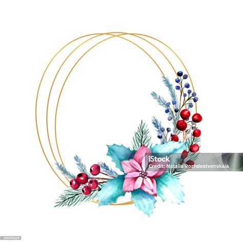열매 포인세티아 꽃 전나무 가지와 겨울 수채화 타원형 프레임 손으로 그린 크리스마스 일러스트레이션 초대장 인사말 카드 인쇄물